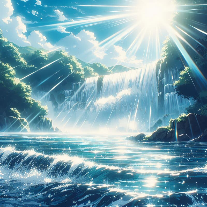 Sunlight Dancing on Waterfall Stock Illustration - Illustration of ...
