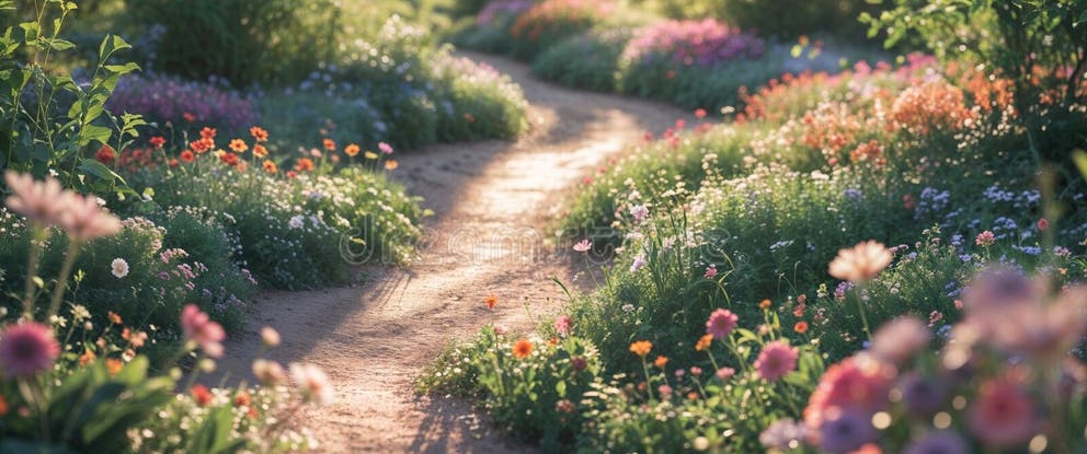 A Sunlight Dappled Path Leading through a Flowering Garden Stock Image ...