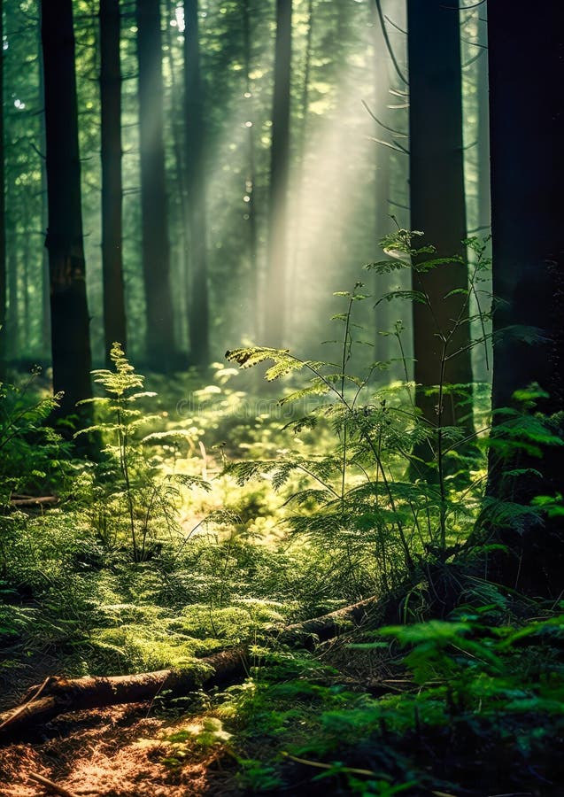 Sunlight Dappling through Lush Green Forest Undergrowth Stock Photo ...