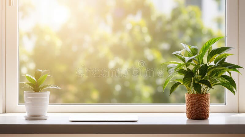 Sunlight desk with plants stock illustration. Illustration of plant ...