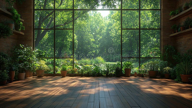 Sunlight-drenched Room with Lush Greenery View Stock Illustration ...