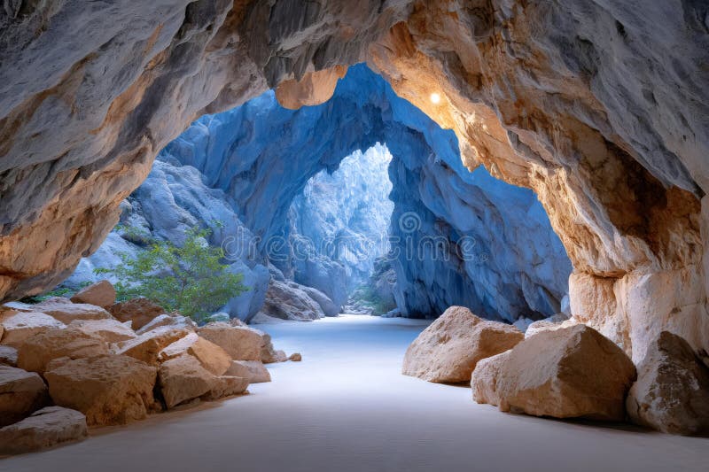 Sunlight Entering Blue Cave with White Sand and Rocks Stock ...