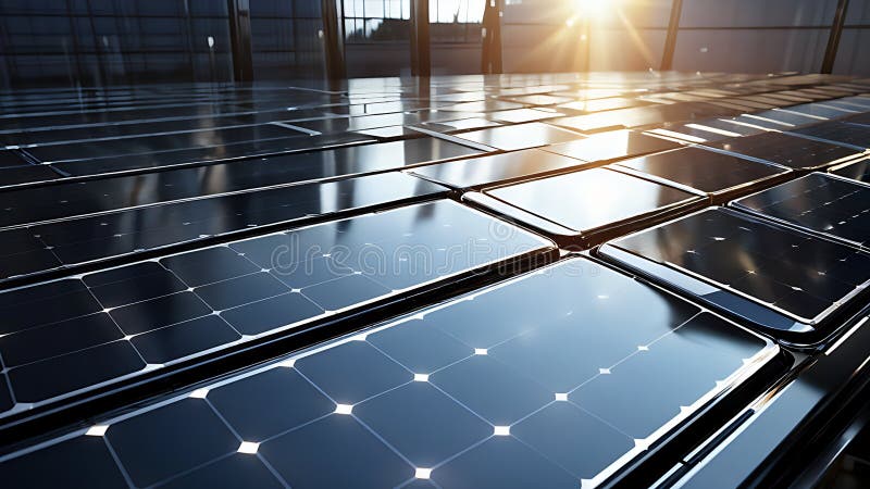 Sunlight Falling on Smooth Black Solar Panels Array Eco Green Tech ...