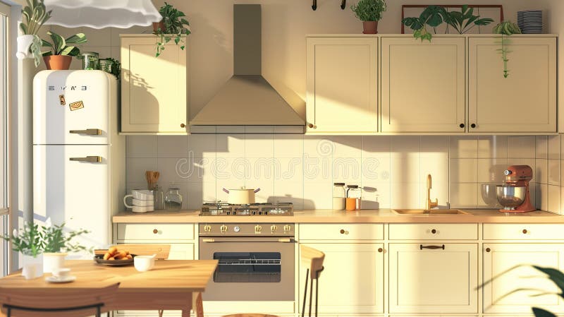 Sunlight-Filled Kitchen with Rustic Charm Stock Illustration ...