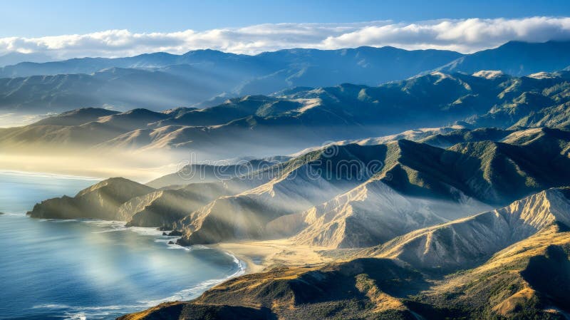 Sunlight Filtering through Clouds Over Coastal Mountain Range and Ocean Stock Image - Image of ...