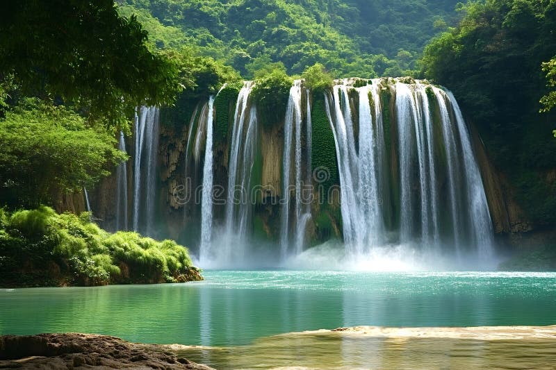 Stunning Waterfall Cascading Tranquil Turquoise Pool Lush Green Forest ...