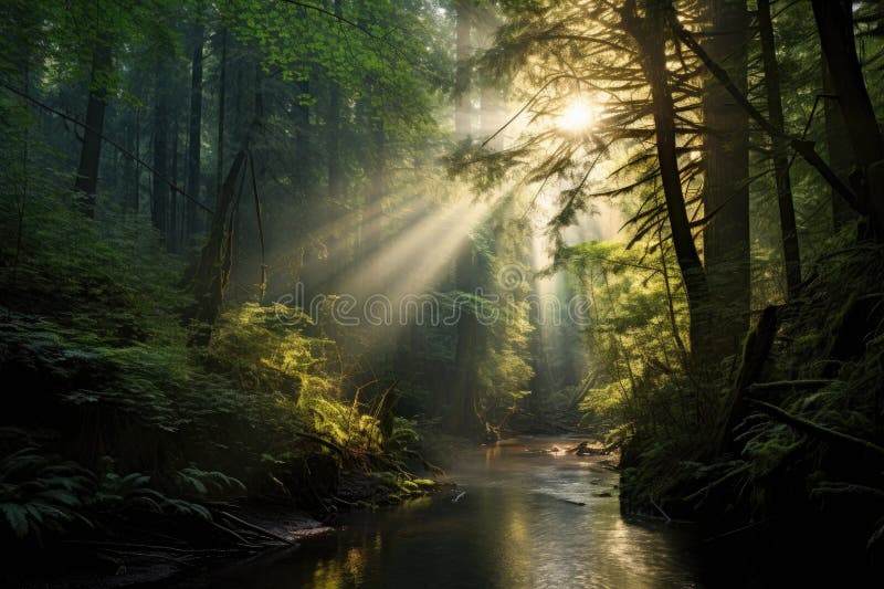 Sunlight Filtering through a Dense Forest, Creating God Rays Stock ...