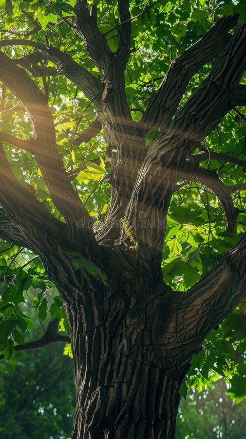 Sunlight Filtering through Large Tree Branches in Lush Green Forest ...