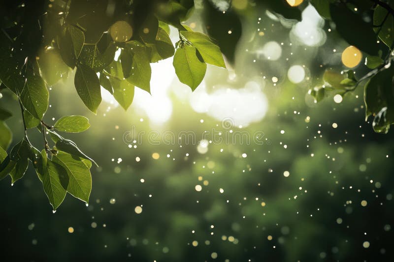 Sunlight Filtering through Leaves with Sparkling Raindrops in Forest ...