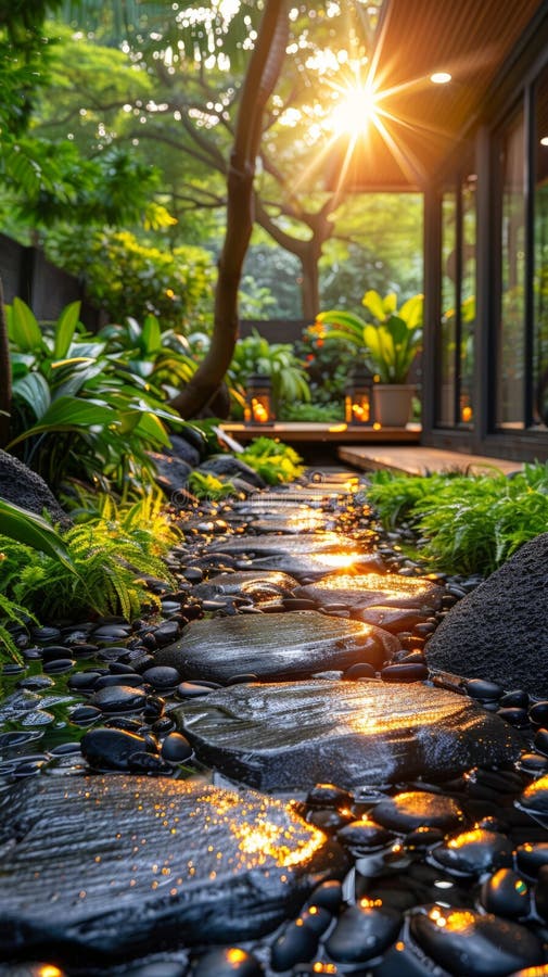 Sunlight Filtering through Lush Garden with Stone Pathway. Stock Image ...