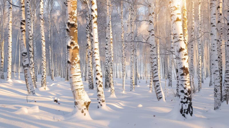 Sunlight Filtering through Snow-covered Birch Trees in a Winter Forest ...