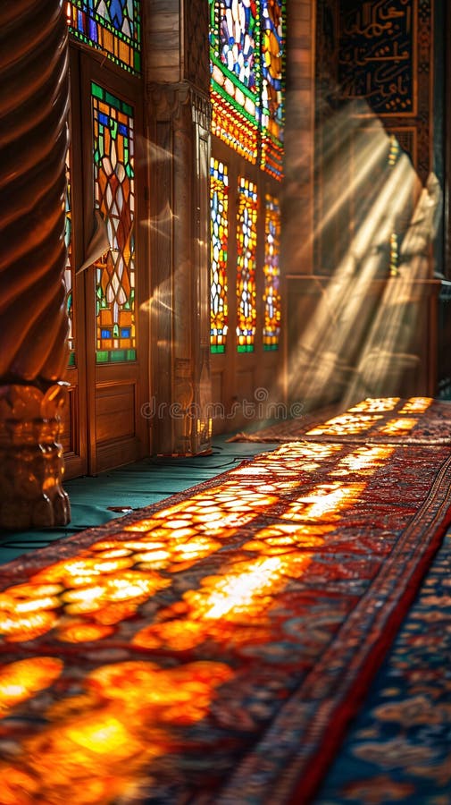 Sunlight Filtering through Stained Glass Windows in a Tranquil Mosque ...