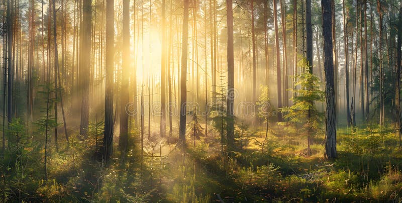 Sunlight Filtering through Tall Pine Trees at Sunrise Stock ...