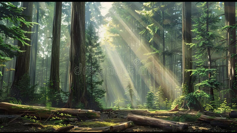 Sunlight Filtering through Tall Trees in the Forest with Fallen Logs ...