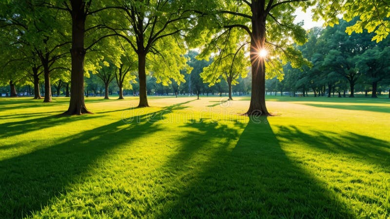 Sunlight Filtering through Trees, Casting Long Shadows on Lush Green ...