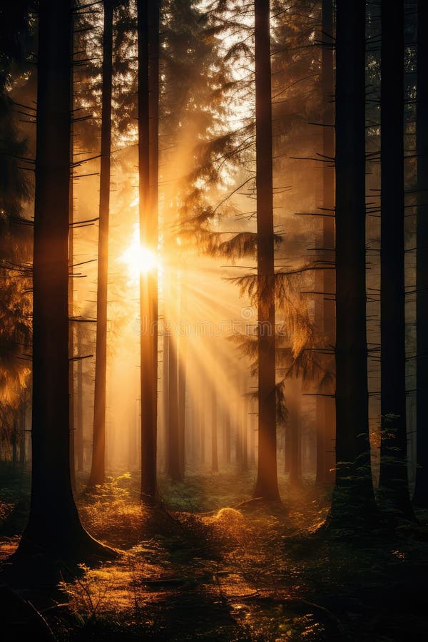 Sunlight Filtering through Trees in Forest Stock Illustration ...