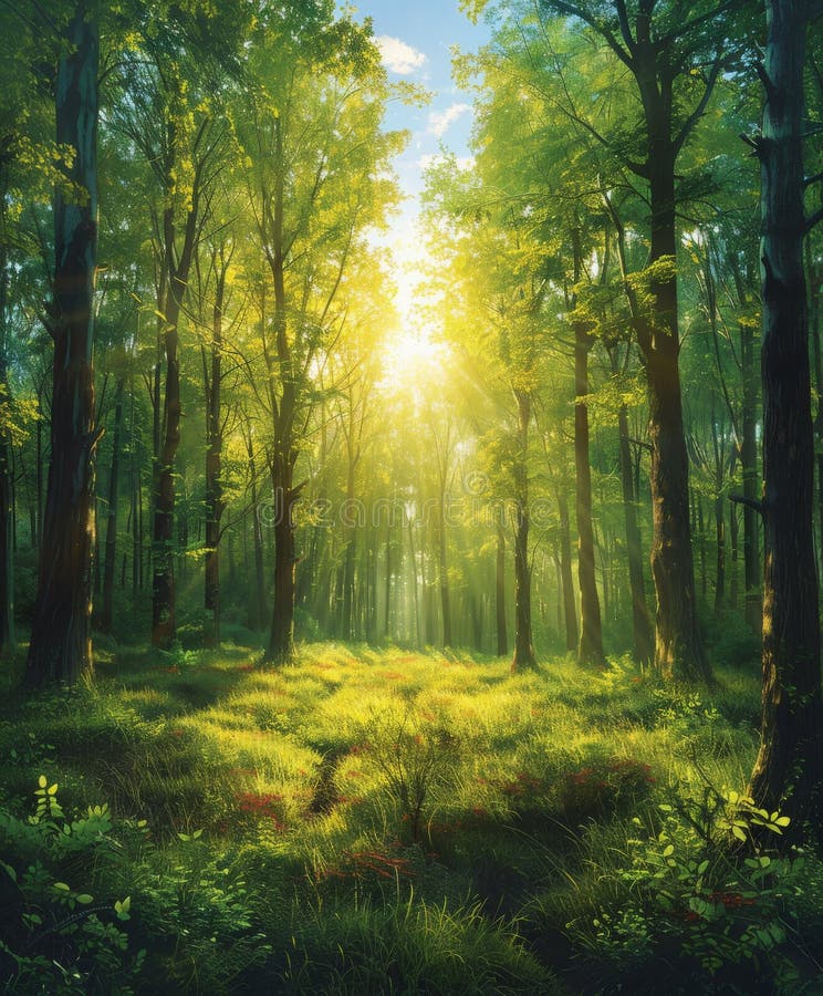 Sunlight Filtering through Trees in Forest Stock Illustration ...