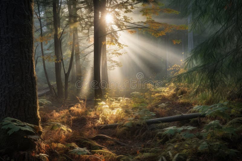 Sunlight Filtering through the Trees, Illuminating a Misty Forest Floor ...