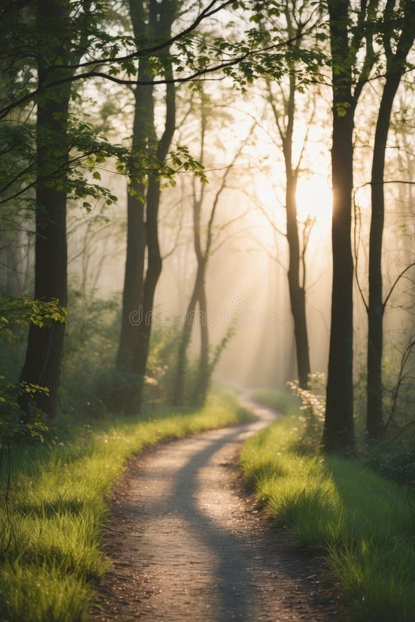 Sunlight Filtering through Trees on a Peaceful Forest Path at Dawn ...