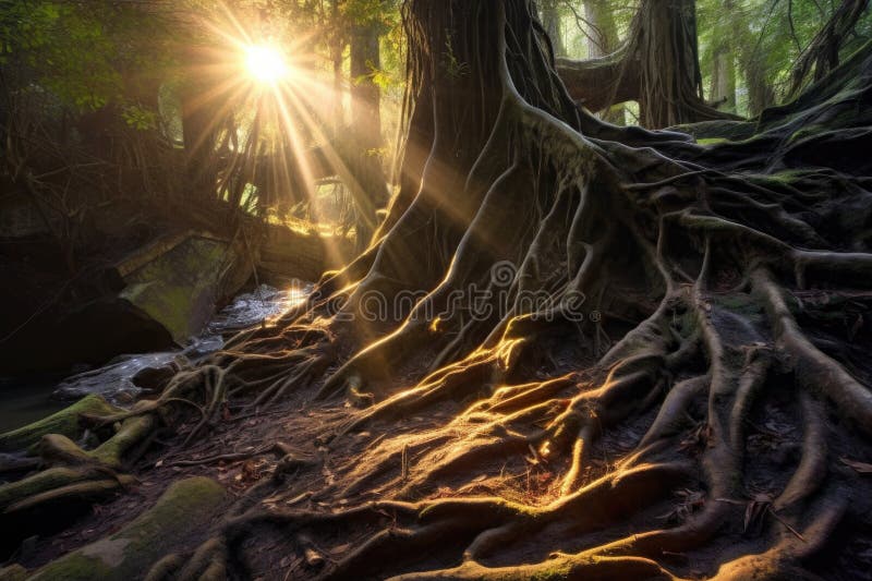 Sunlight Filtering through Twisted Roots in a Forest Stock Image ...
