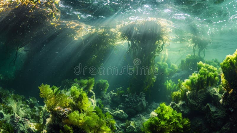 Sunlight Filtering through Water Surface in Underwater Kelp Forest ...