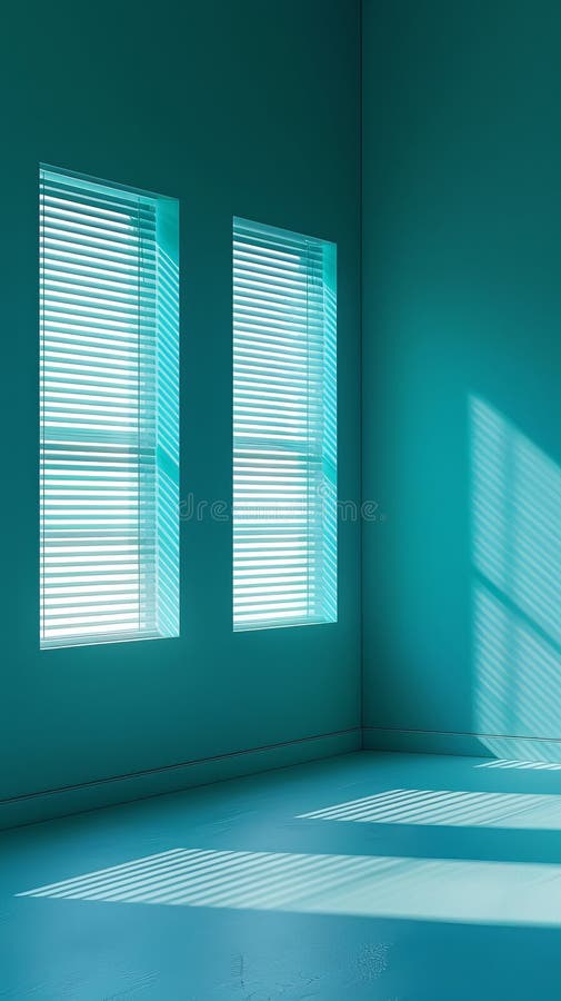Sunlight Filtering through Window Blinds in a Teal Room, Creating Light ...
