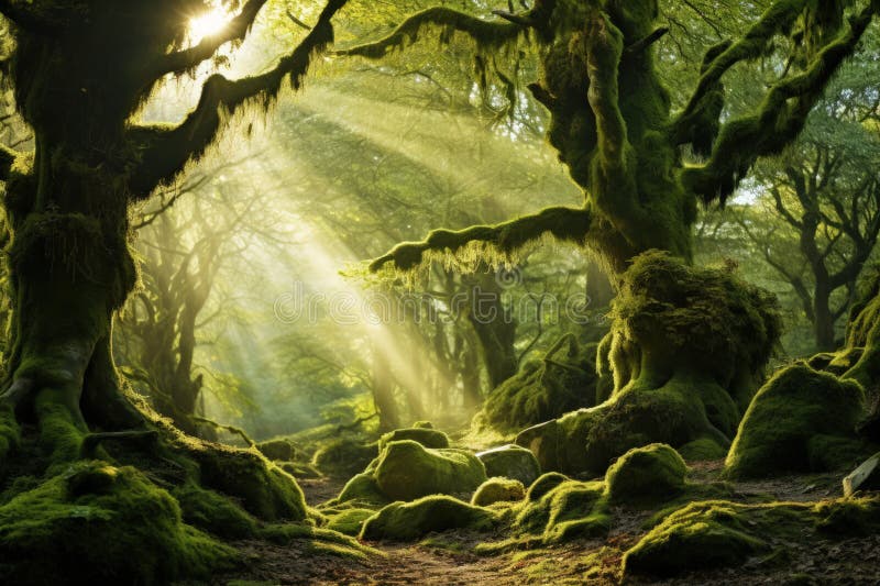 Sunlight Filters through Ancient Trees in a Mosscovered Forest Stock ...