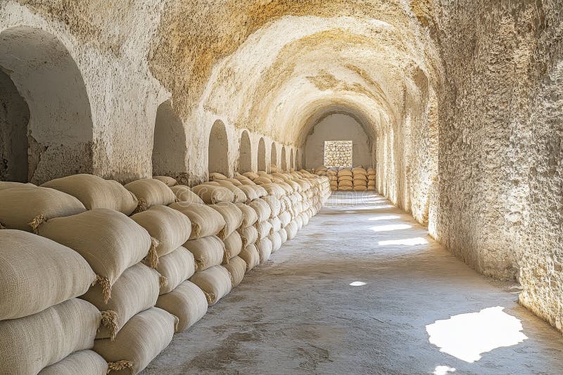 Wheat Storage in an Old Stone Structure with Sunlight Illuminating the ...
