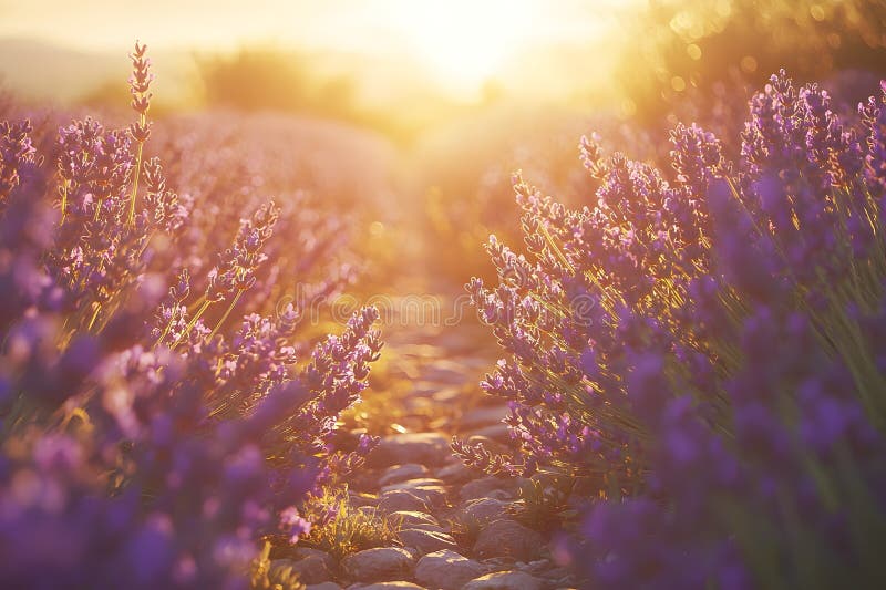 Lavender Fields at Sunset with Stone Pathway Lined by Flowers ...