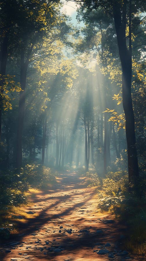 Dramatic God Rays through Forest Canopy on a Peaceful Path. Generated ...