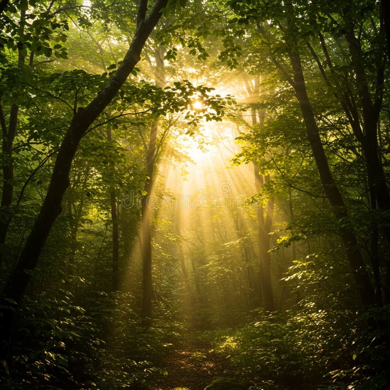 Sunlight Filters through Dense Tree Canopies in a Lush Forest, Creating ...