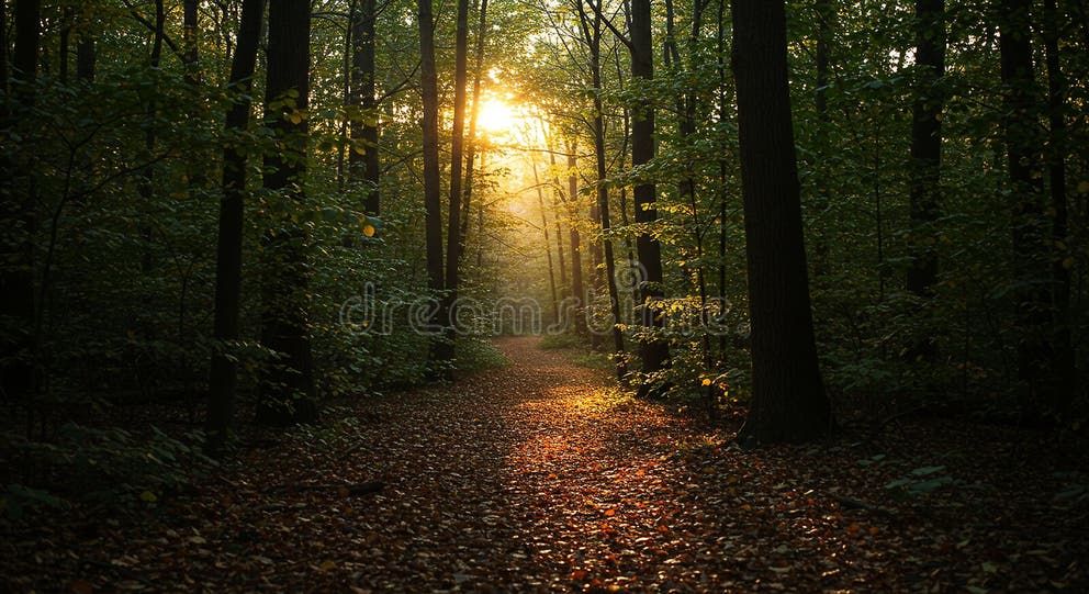 Sunlight Filters through Dense Trees, Casting a Warm Glow on a Forest ...