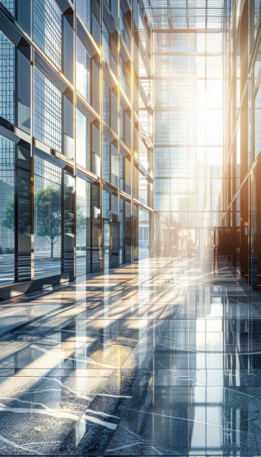 Sunlight Filters through Glass Ceiling of Skyscraper Atrium, Casting ...