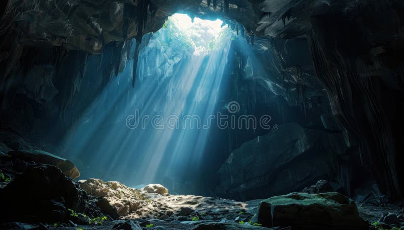 Light Beams Illuminate a Cavern with Rocky Formations in a Hidden Cave ...