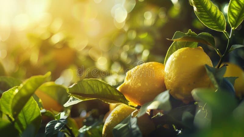 Sunlight Filters through a Lemon Tree, Highlighting the Dew-kissed ...