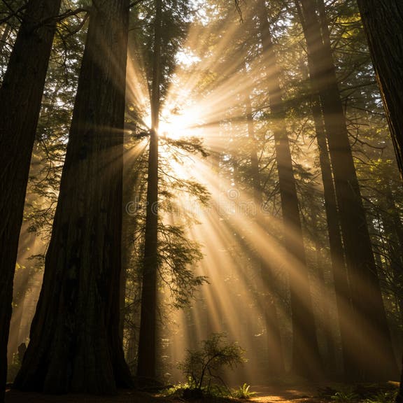 Sunlight Filters through Towering Redwood Trees (Sequoia Sempervirens ...