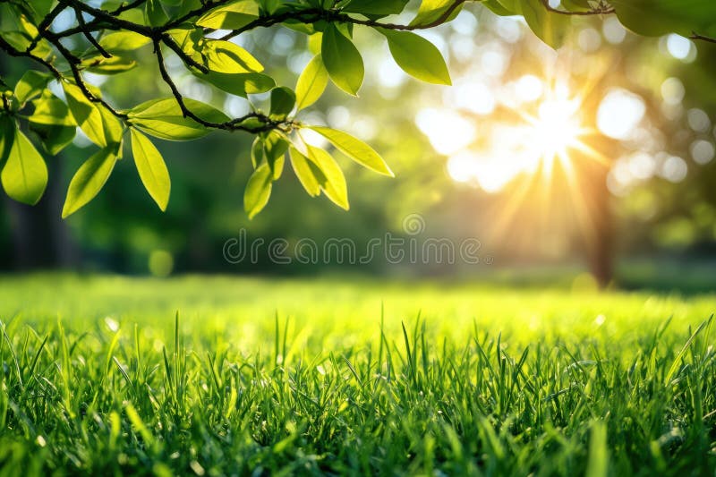 Sunlight Filters through Tree Leaves in a Vibrant Green Field. Stock ...