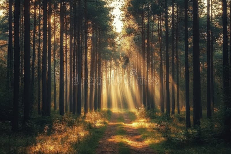 Sunlight Filters through Trees Along a Quiet Forest Path during the ...