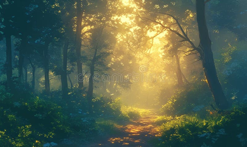 Enchanting Forest Path at Sunrise Stock Illustration - Illustration of ...