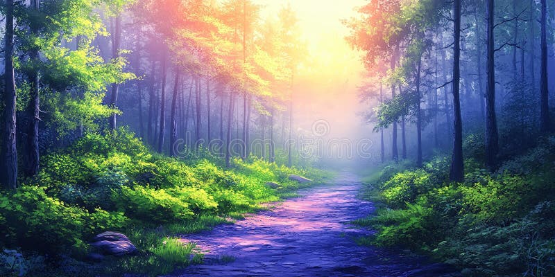 Sunlight Filters through Trees Illuminating a Serene Forest Path at ...