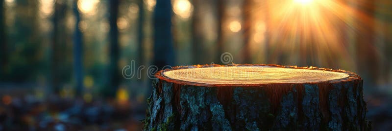 Sunlight Filters through Trees, Illuminating a Weathered Tree Stump in ...