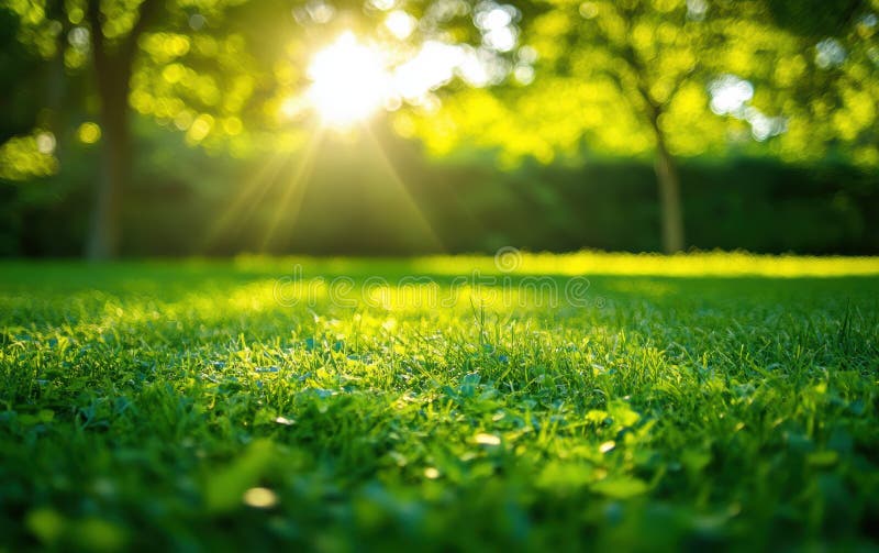Sunlight Filters through Trees in a Park, Illuminating Lush Green Grass ...