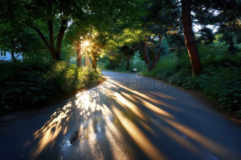 Sunlight Filters through Trees on a Peaceful Pathway during Early ...