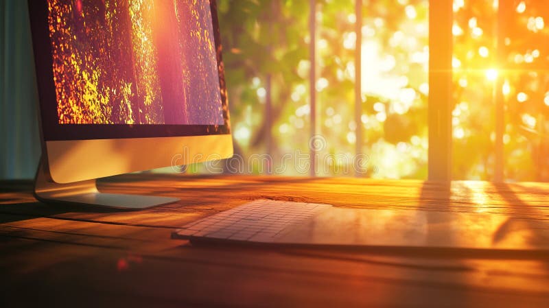 Warm Sunlight Streaming through Window Onto Workspace with Computer ...