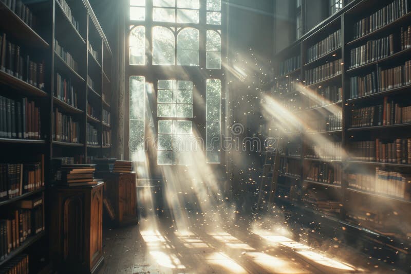 Sunlight Filters through Window, Creating Warm Atmosphere in Library ...