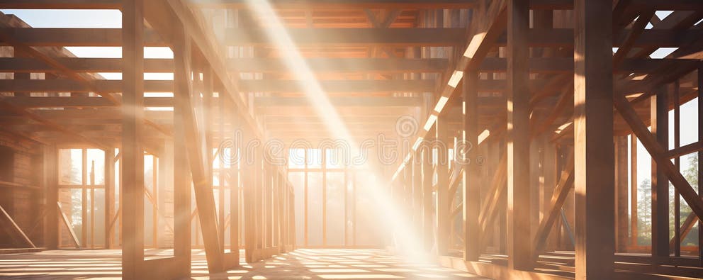 Sunlight Filters through Wooden Building Framework Under Construction ...