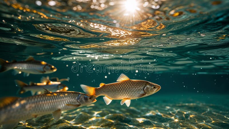 Sunlight Flickers on Fish Scales Beneath Surface of Shallow Clear ...