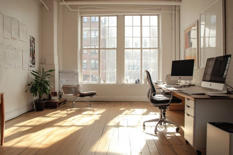 Bright and Spacious Modern Office Interior with Desk and Large Windows ...