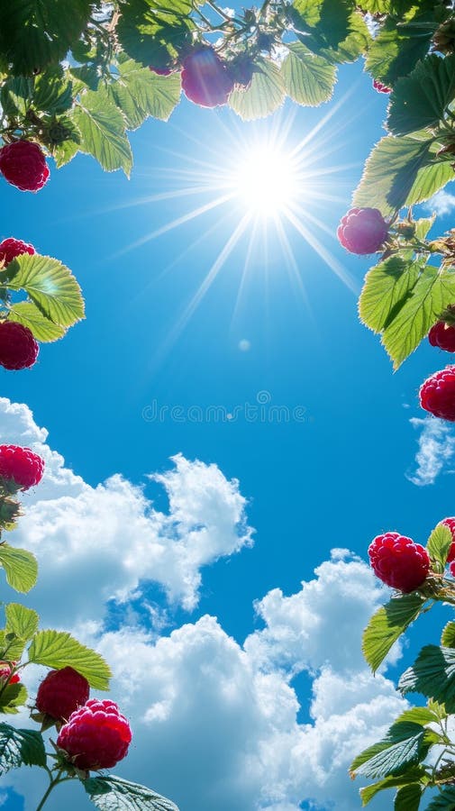 Sunlight Floods a Vibrant Raspberry Patch, Highlighting the Rich Red ...
