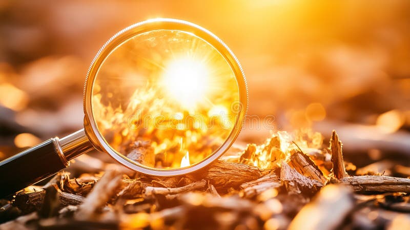 Sunlight is Focused through a Magnifying Glass, Igniting Kindling and ...